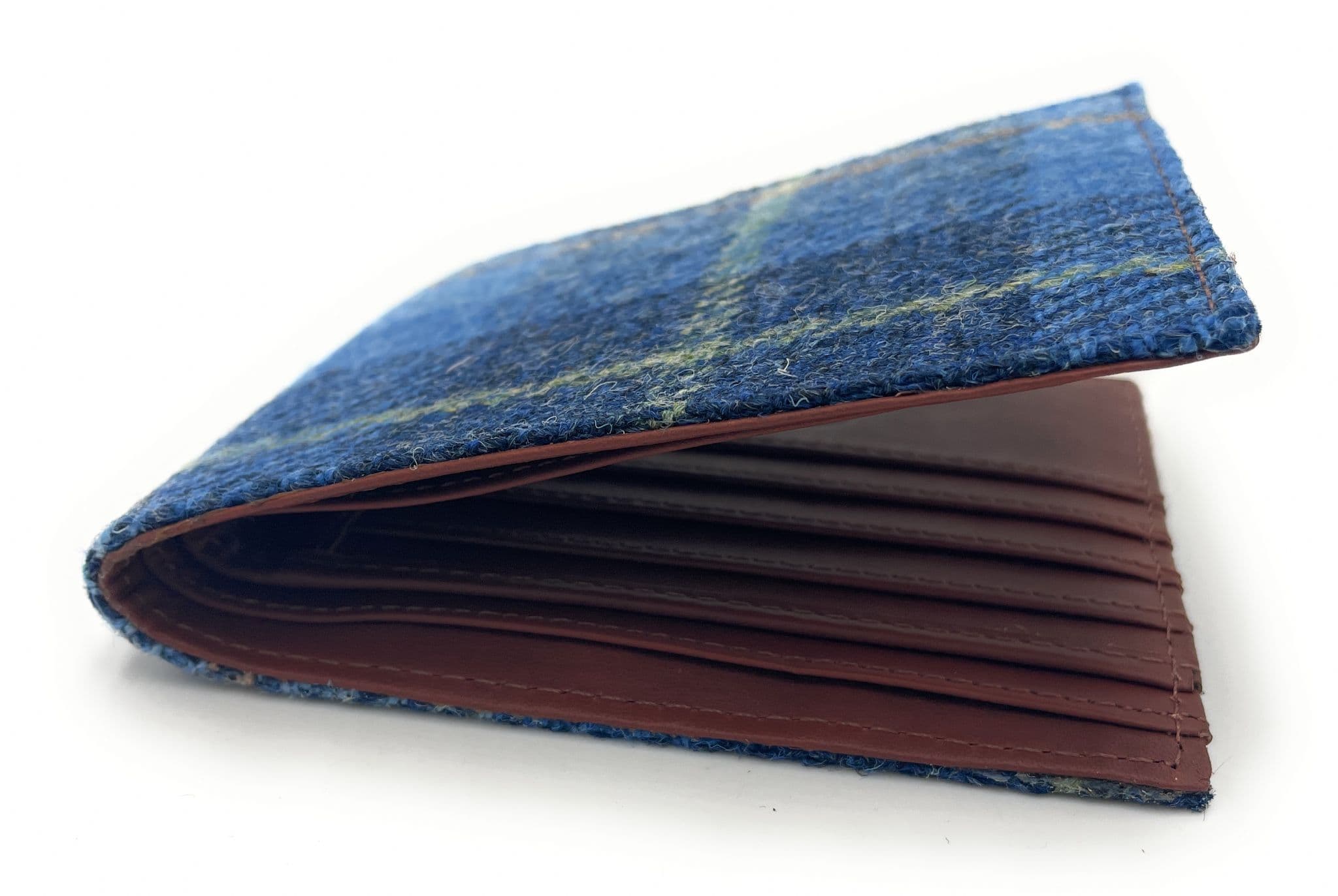 Men s Harris Tweed Leather Bifold Wallet Purse Blue Check