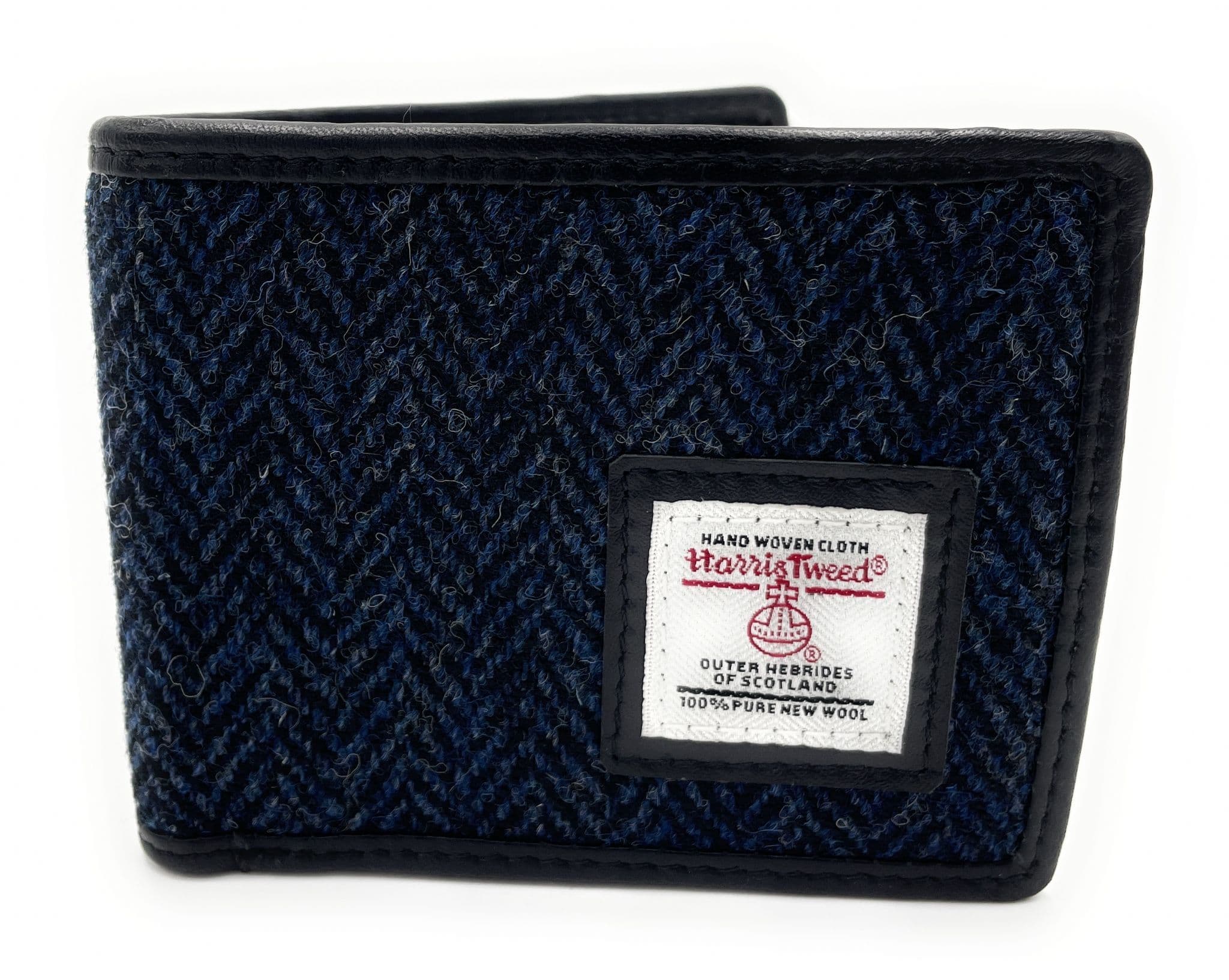 Men s Harris Tweed Trifold Wallet Navy Herringbone Real Leather