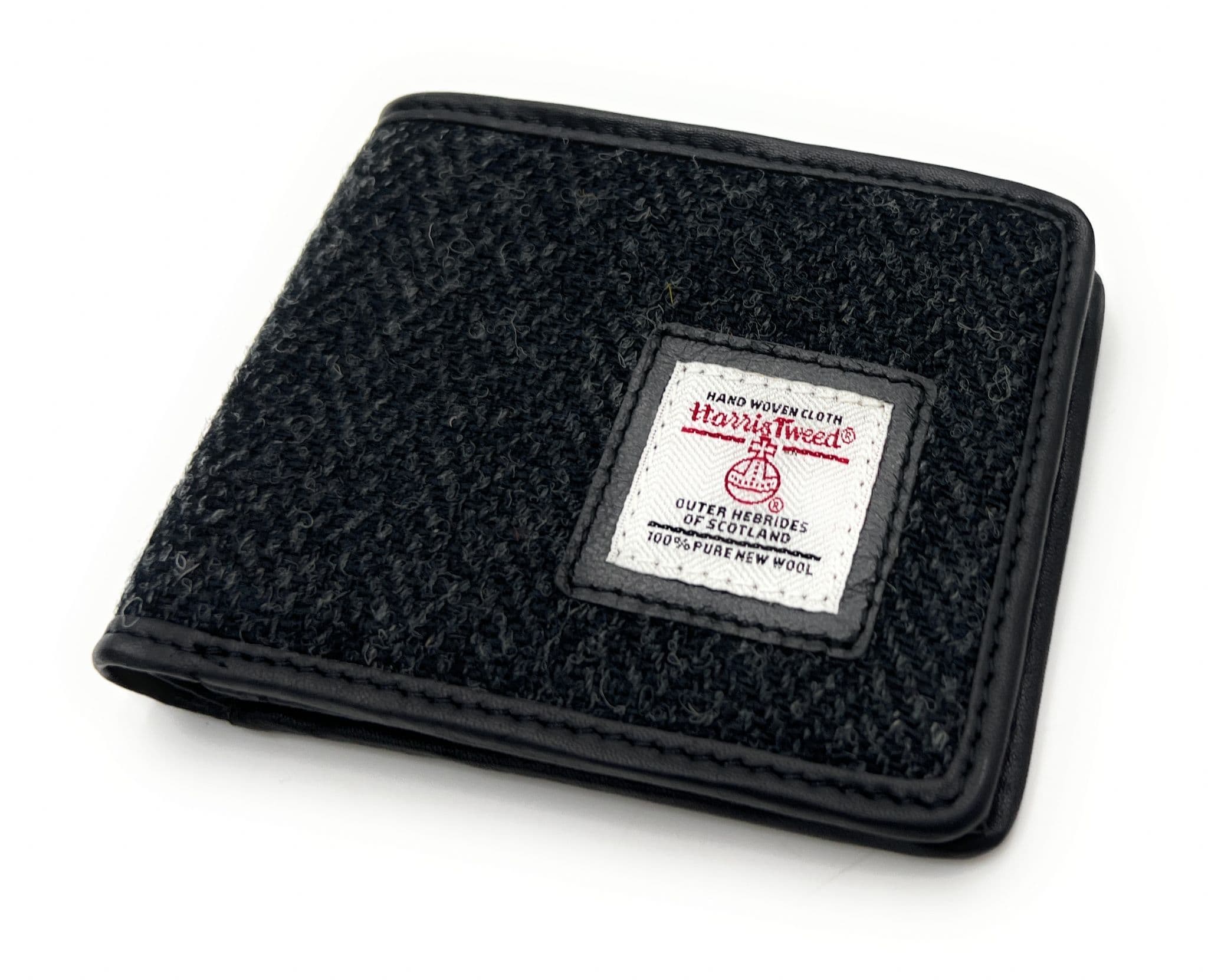 Mens Harris Tweed Real Leather Trifold Wallet Charcoal Grey Herringbone