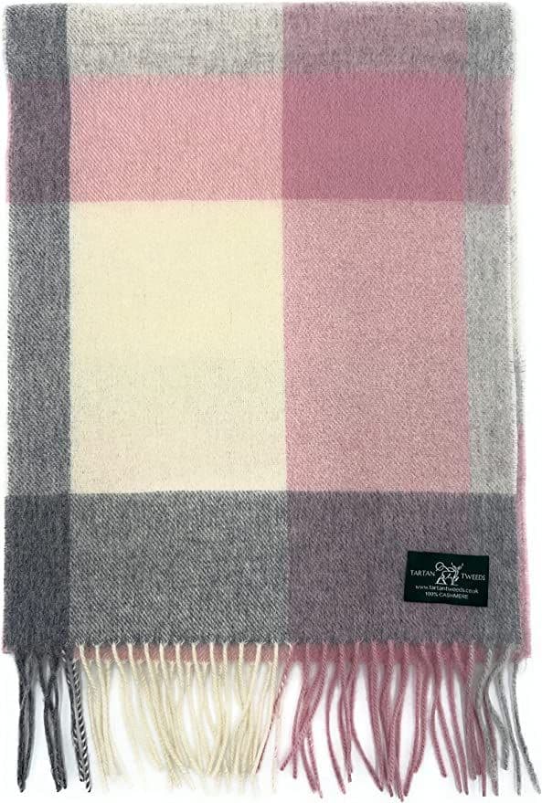 Mid Grey Pink Check Extra Fine Pure Cashmere Scarf 180 cm x 30 cm