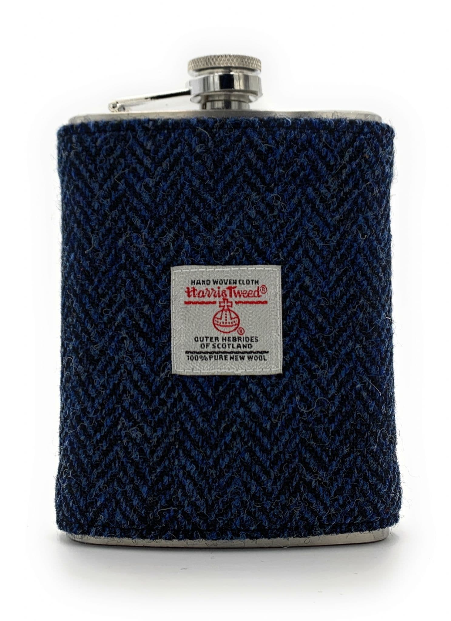 Navy Herringbone Harris Tweed Hip Flask 8oz