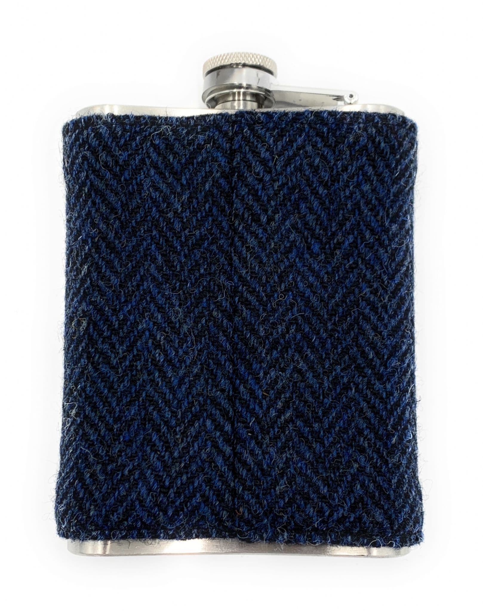 Navy Herringbone Harris Tweed Hip Flask 8oz