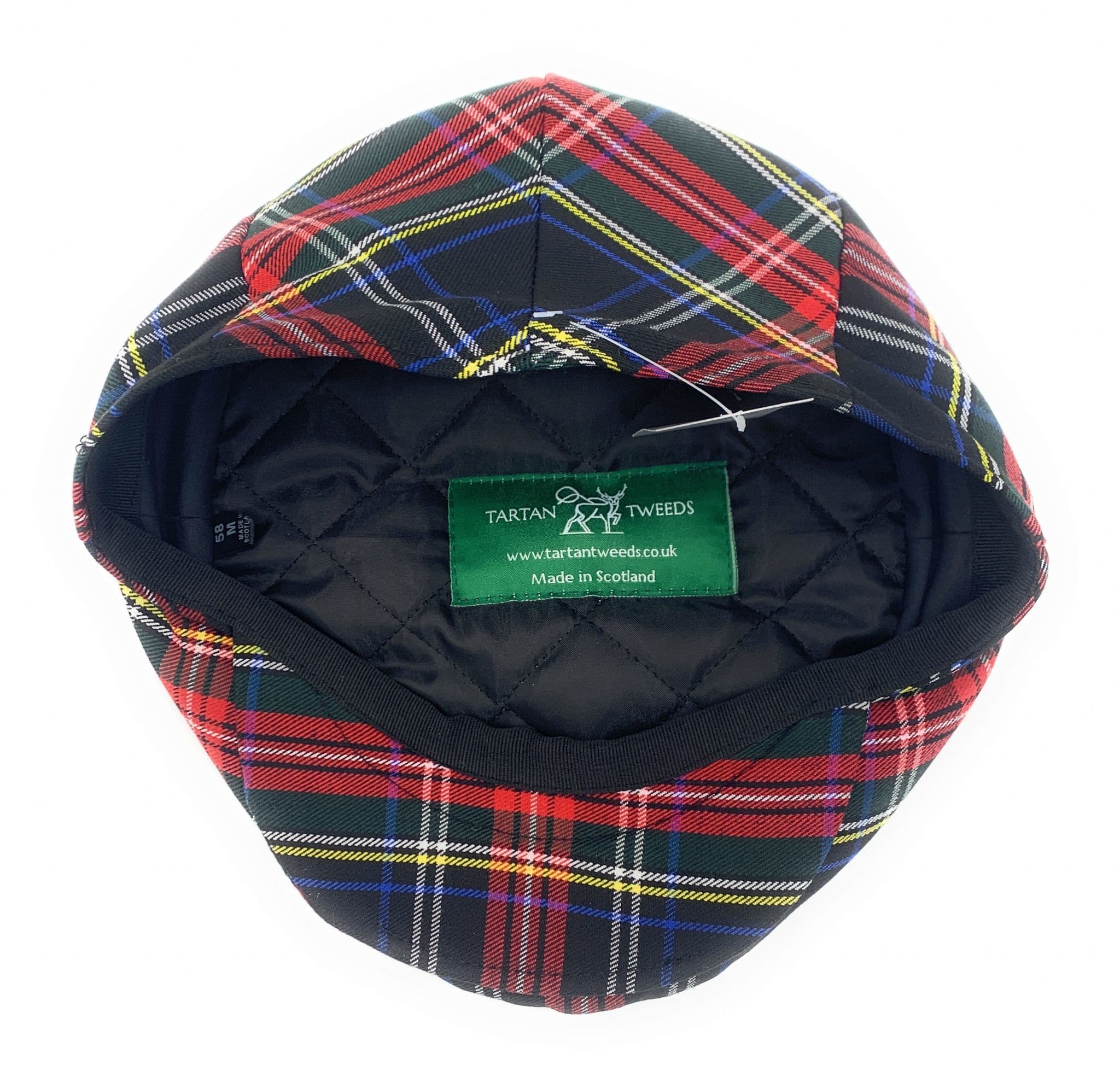 Stewart Black Tartan Flat Cap Comfort Fit Quilted Lining Made in Scotland