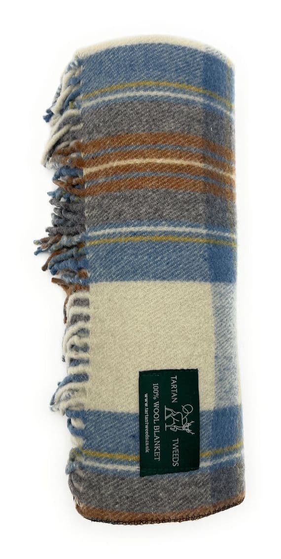 Stewart Muted Blue Tartan Knee Blanket 100 New Wool