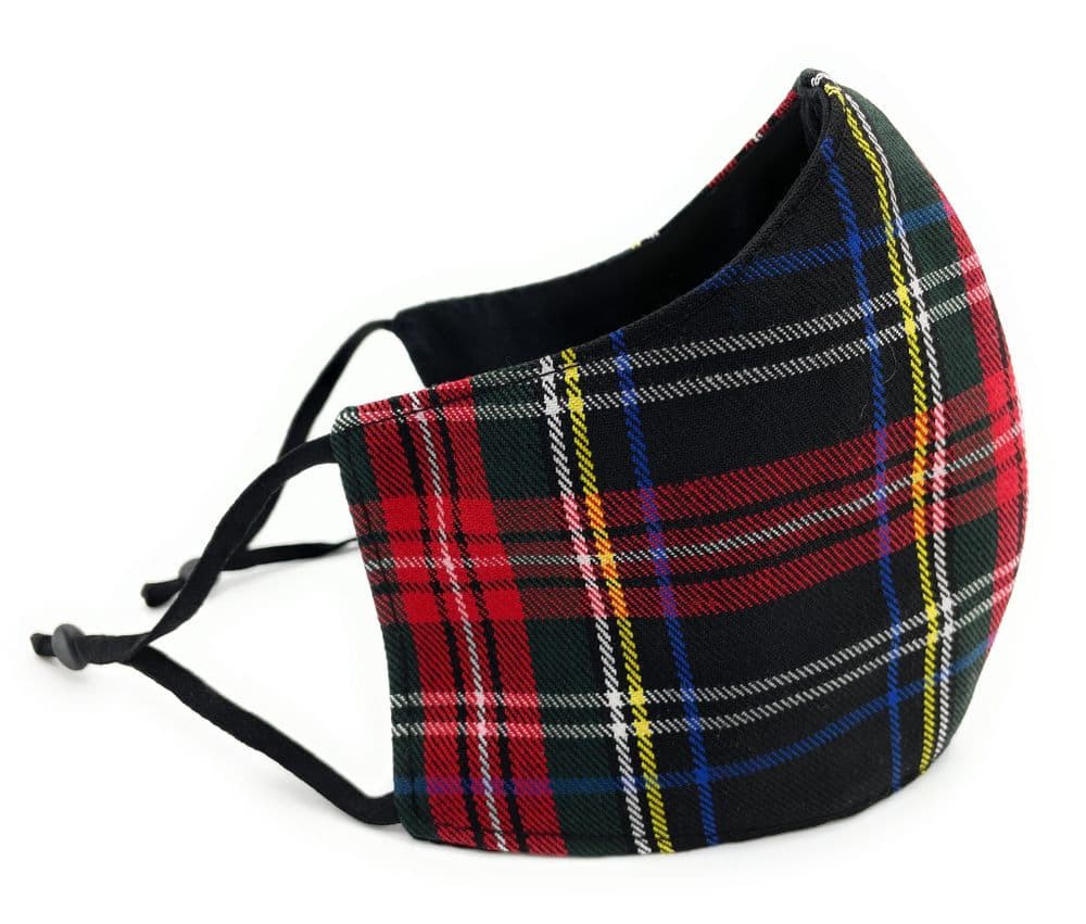 Triple Layered Stewart Black Tartan Face Mask Adjustable Straps Unisex ...