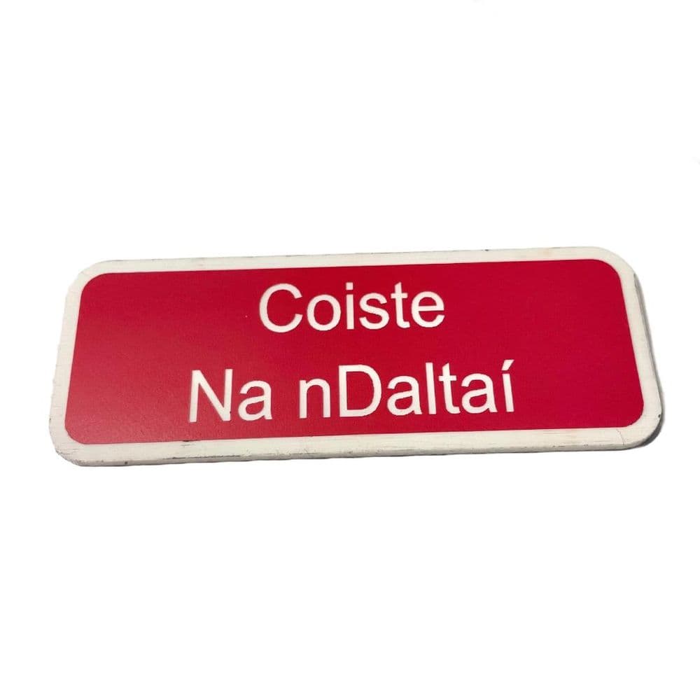 Red with white writing school badge with personalised writing minimum ...