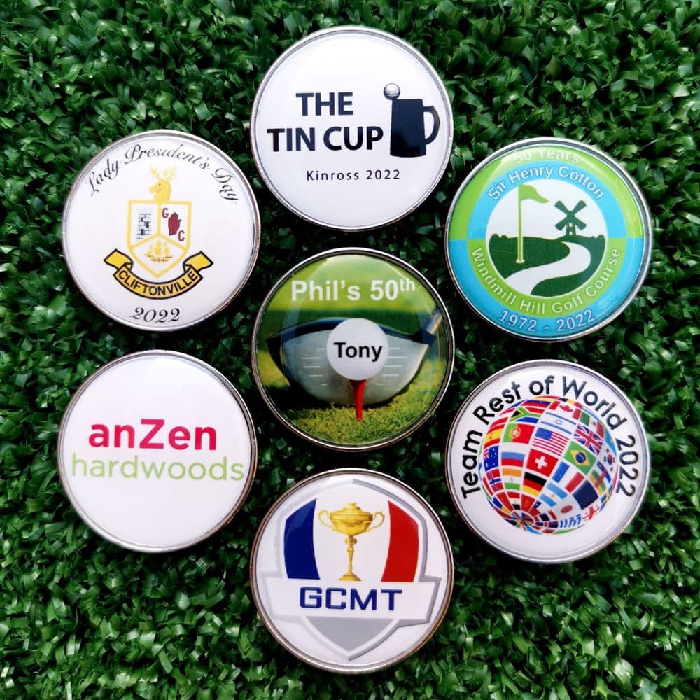 Personalised Printed Metal Golf Ball Marker with Dome Attracts to Magnet