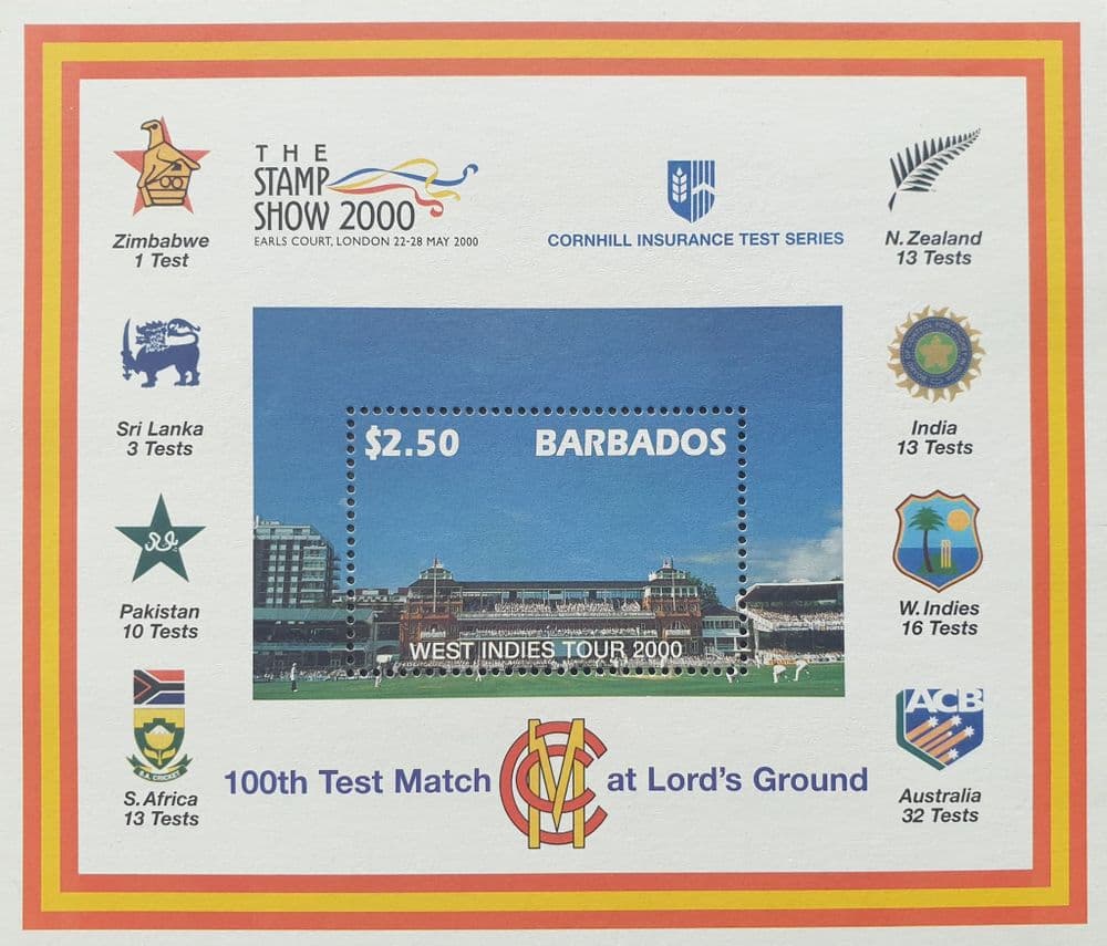 100th Test Match at Lord s Ground 2000 Barbados Commemorative Stamp Sheet