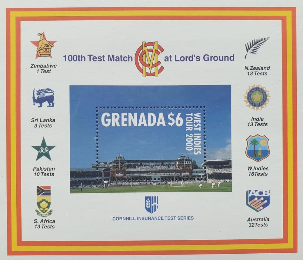 100th Test Match at Lord s Ground 2000 Grenada Commemorative Stamp Sheet