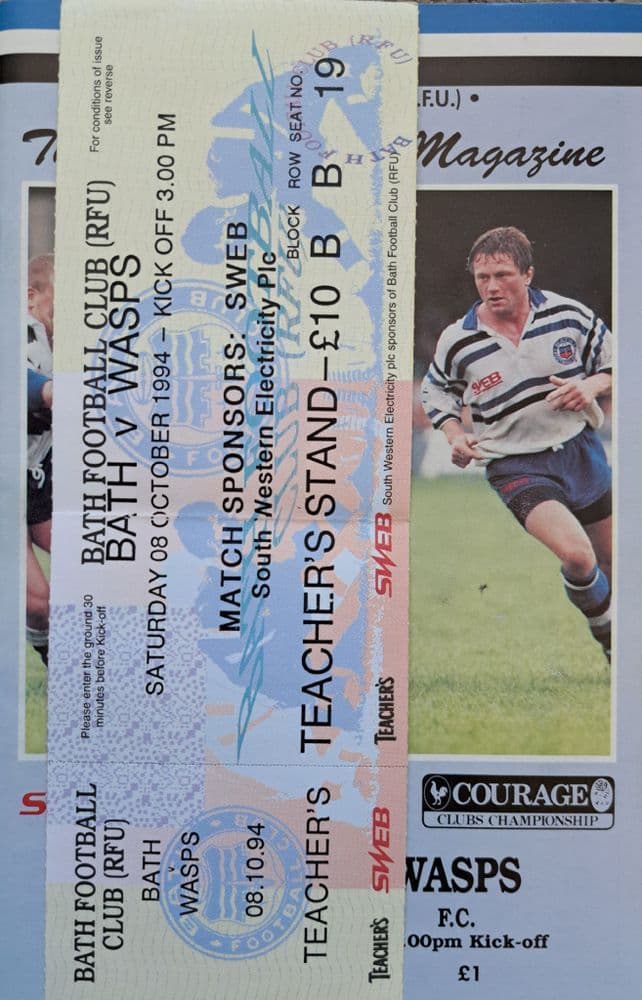 Bath v Wasps 1994 Oct 8th plus Tickets