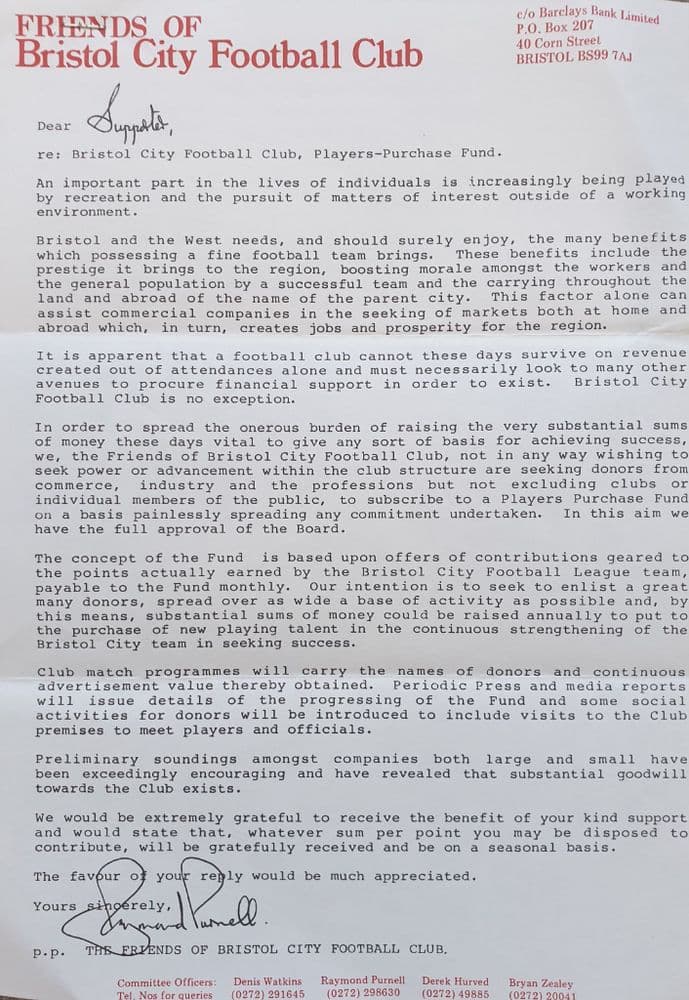 Bristol City Players-Purchase Fund Letter