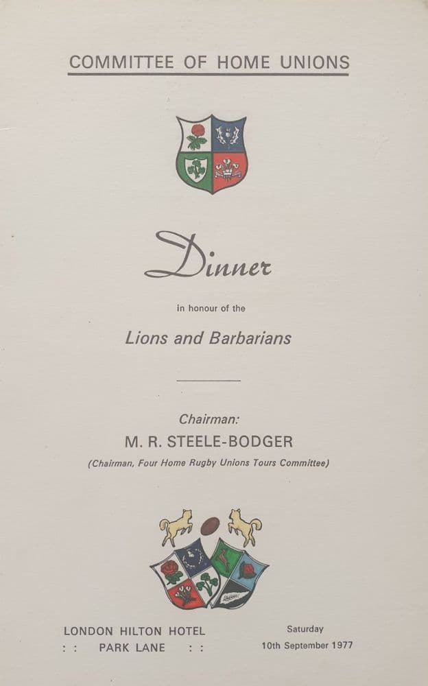 British Lions v Barbarians 1977 Sep 10th plus Dinner Menu