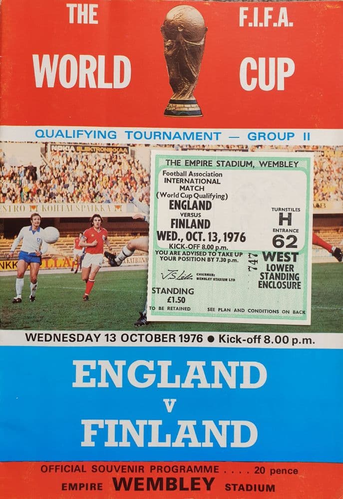 England v Finland World Cup Qualifier 1976 Oct 13th PLUS TICKET
