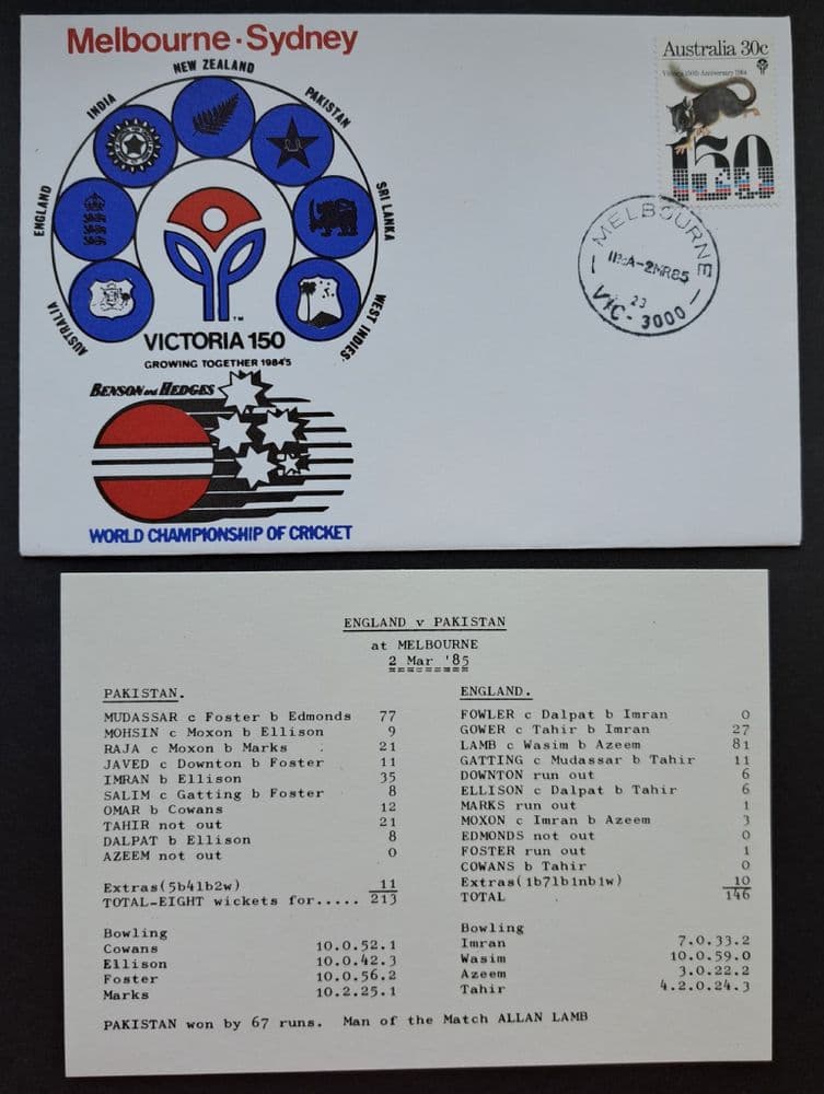 England v Pakistan - WCC 1985 Mar 2nd FDC and Scorecard