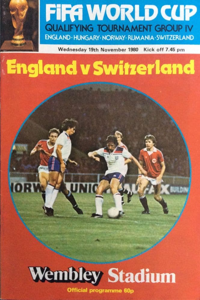England v Switzerland World Cup Qualifying Group IV 1980 Nov 19th