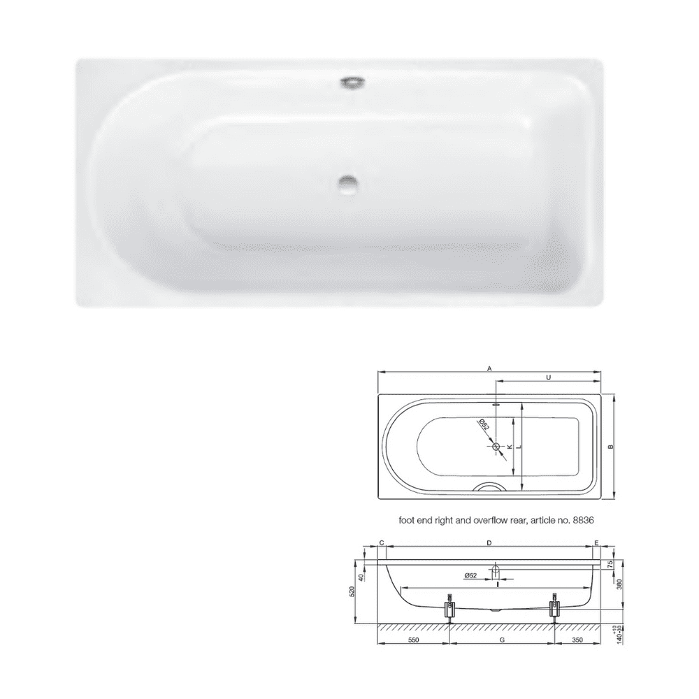 Bette Ocean Lowline 1700 X 750mm Single Ended Bath - Rear Overflow ...