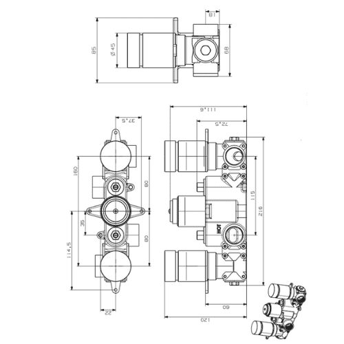 Crosswater Dial Valve 2 Control With Central Trim Model DIAL-CENT-6