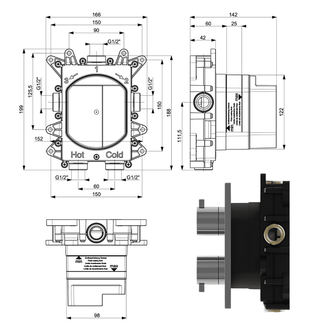 Crosswater Universal Rough In Box For 1 2 Or 3 Outlets - Model Crossbox