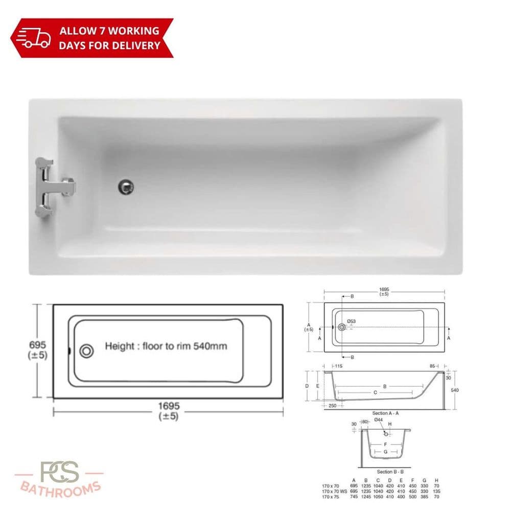 Ideal Standard -1700x700mm - Tempo Cube Bath - No Taphole - White - Model E258001
