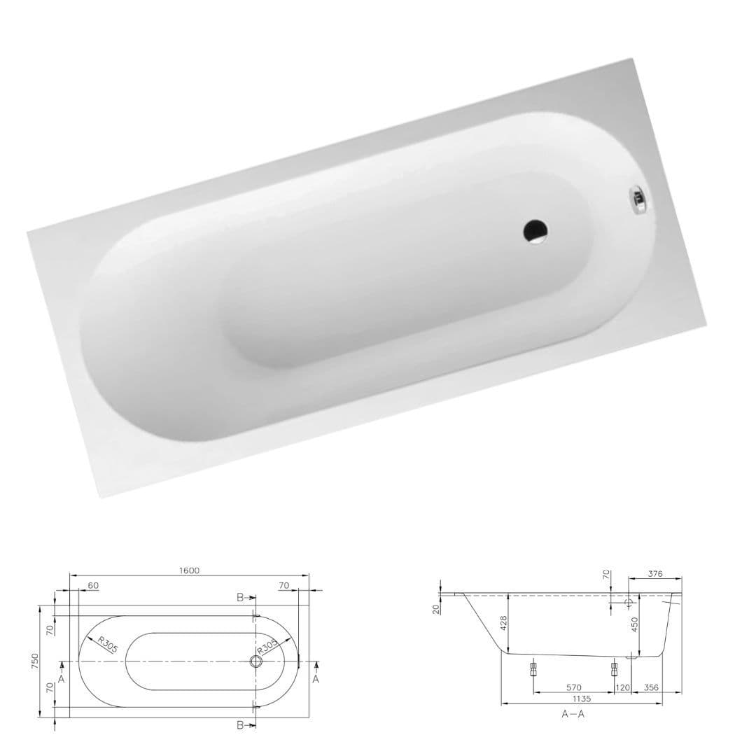 V&B Oberon Rectangular Bath - 1600 x 750 mm - White Alpin