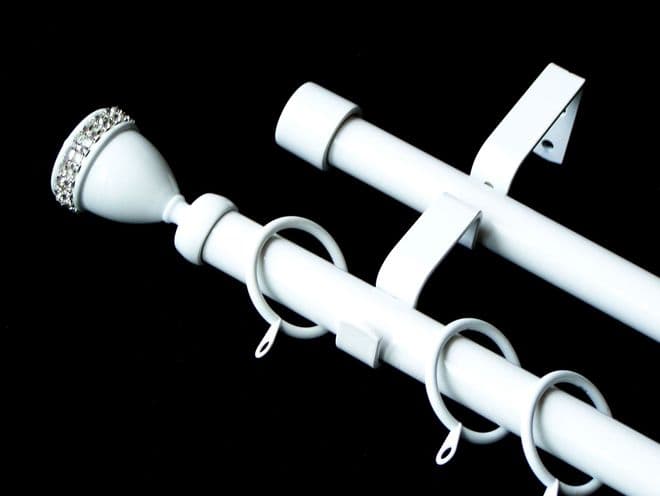 19/19mm Double Layer Gloss White Curtain Pole Diamante Trophy finials