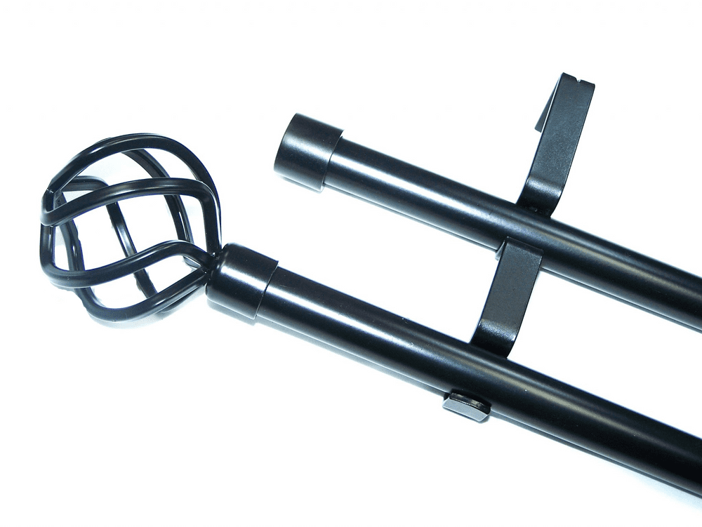19/19mm Double Layer Matt Black Eyelet Curtain Pole Twisted Cage Finials