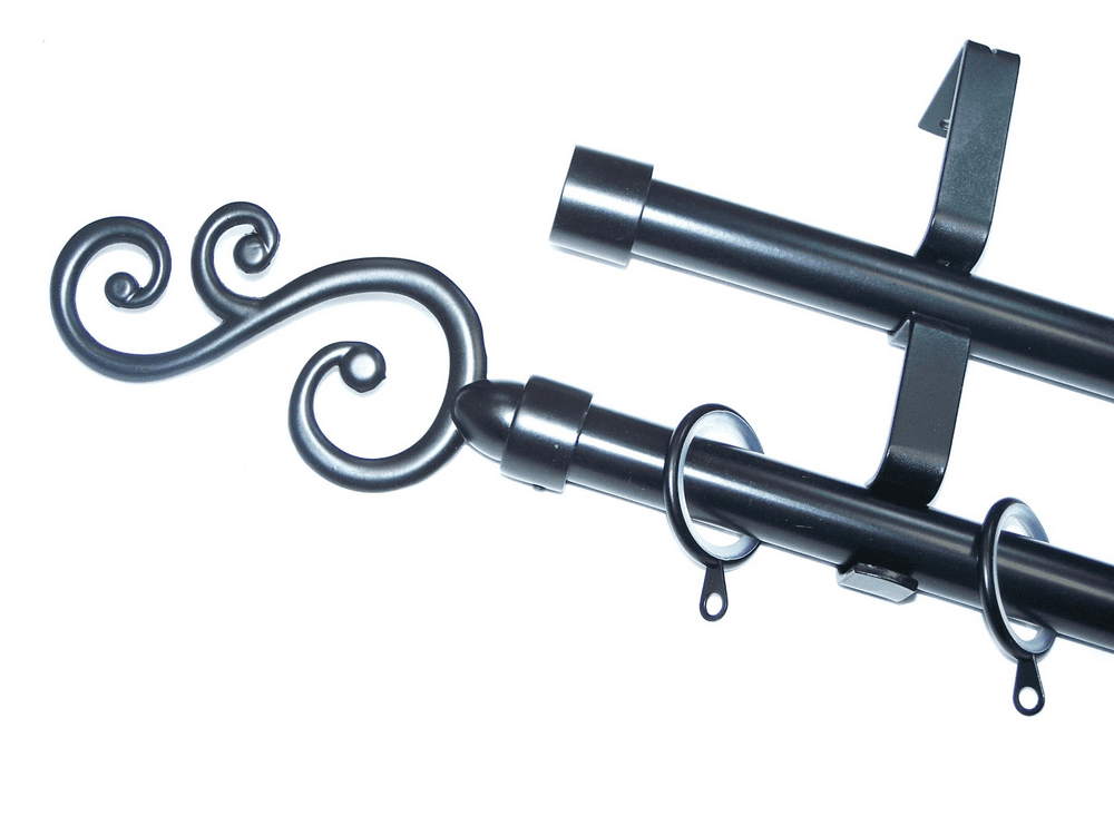 19/19mm Double Matt Black Curtain Pole Swirl Finials Glider Rings