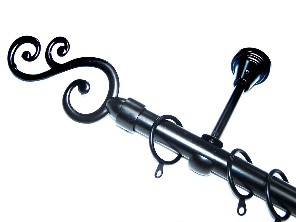 19mm Matt Black Designer Bracket Curtain Pole Swirl Finials