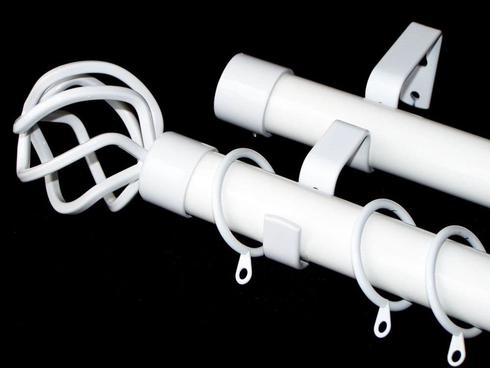 28/28mm Double Layer Gloss White Curtain Pole Twisted Cage Finials