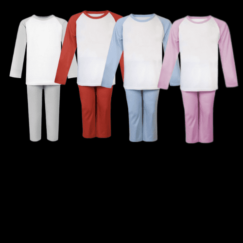 Plain Raglan Pyjamas with long raglan sleeves and matching colour bottoms