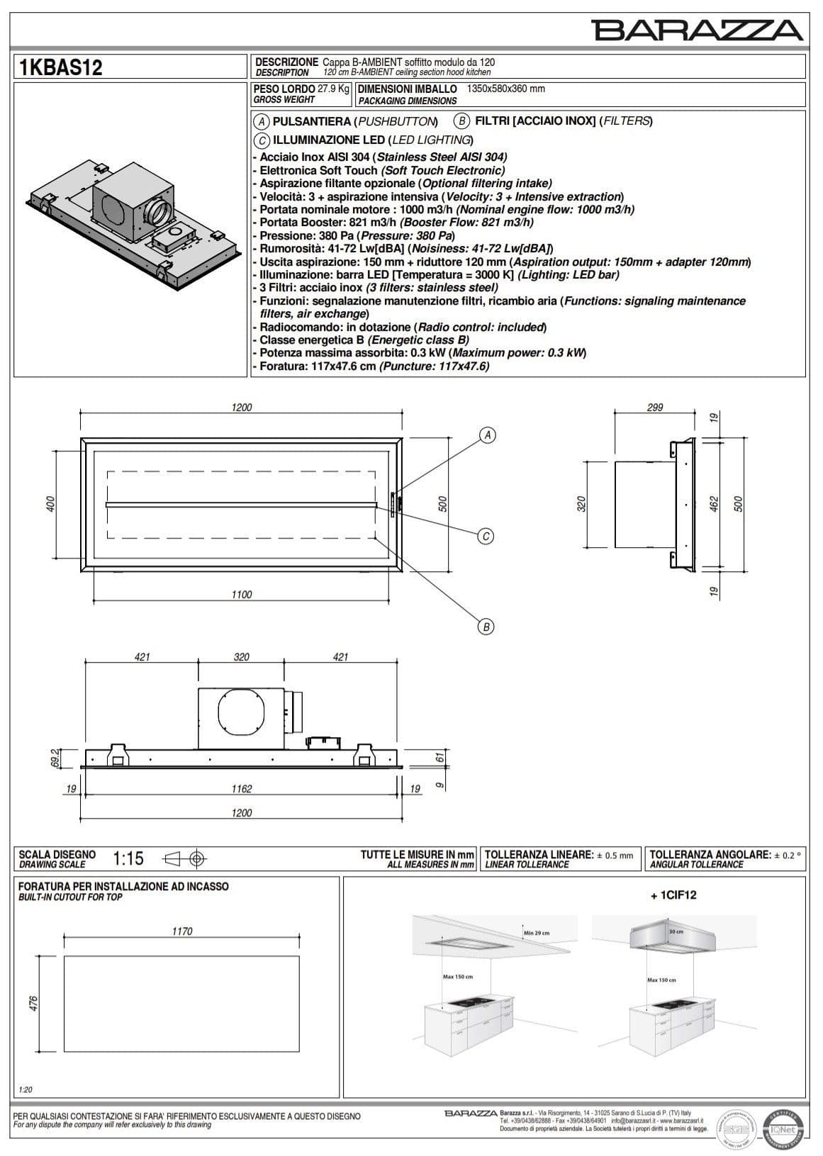 Barazza 1KBAS12 120cm Ceiling Cooker Hood