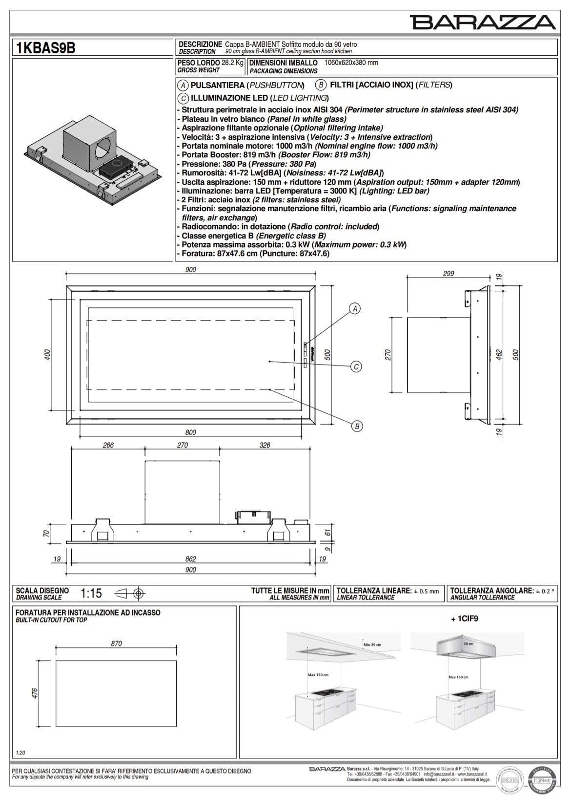 Barazza 90 cm Glass B Ambient ceiling cooker hood 1KBAS9B