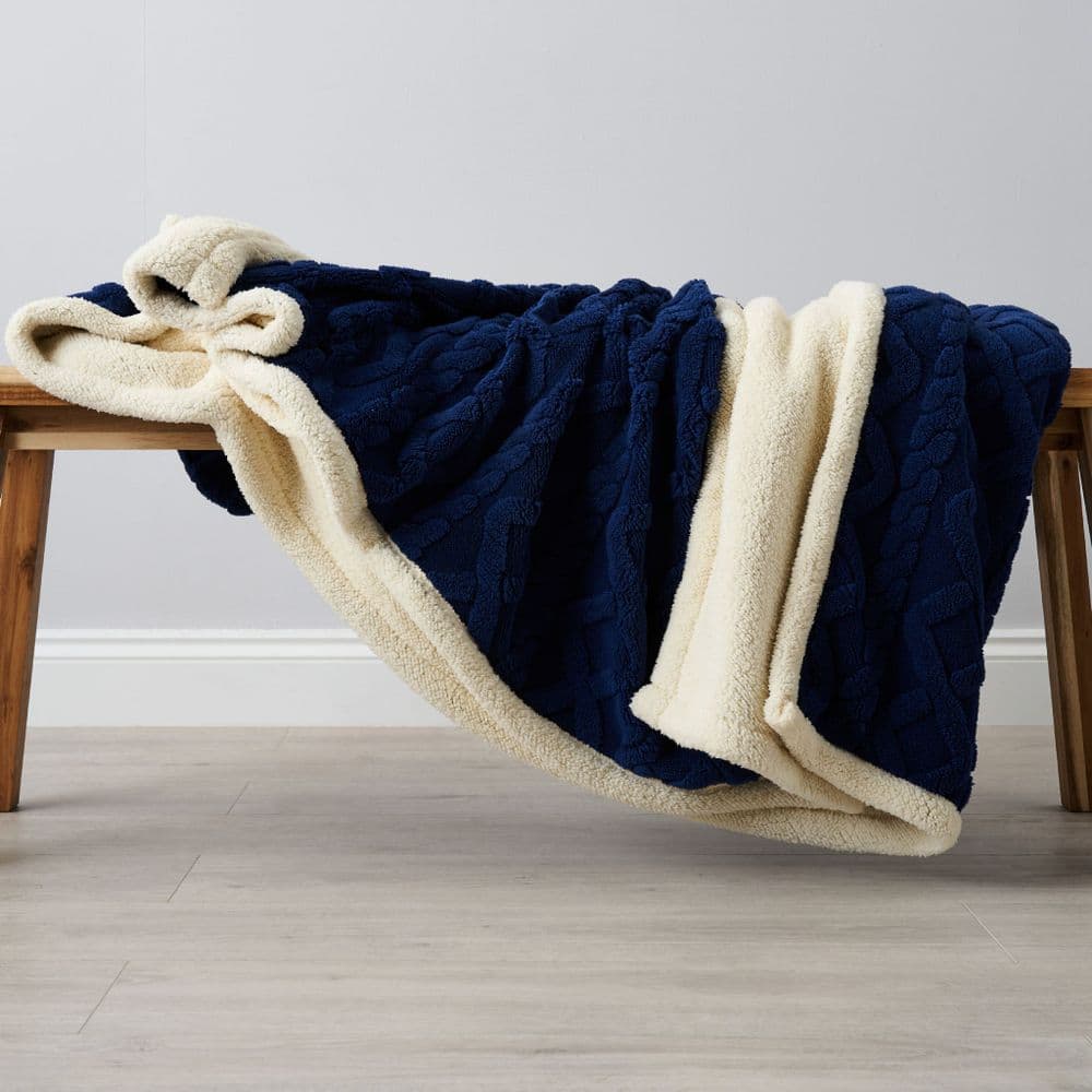 Jumbo Cable Knit Sherpa Throw Navy