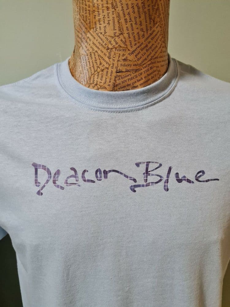 Deacon Blue sky blue / Tartan T-Shirt Mens Unisex 1980s logo Raintown