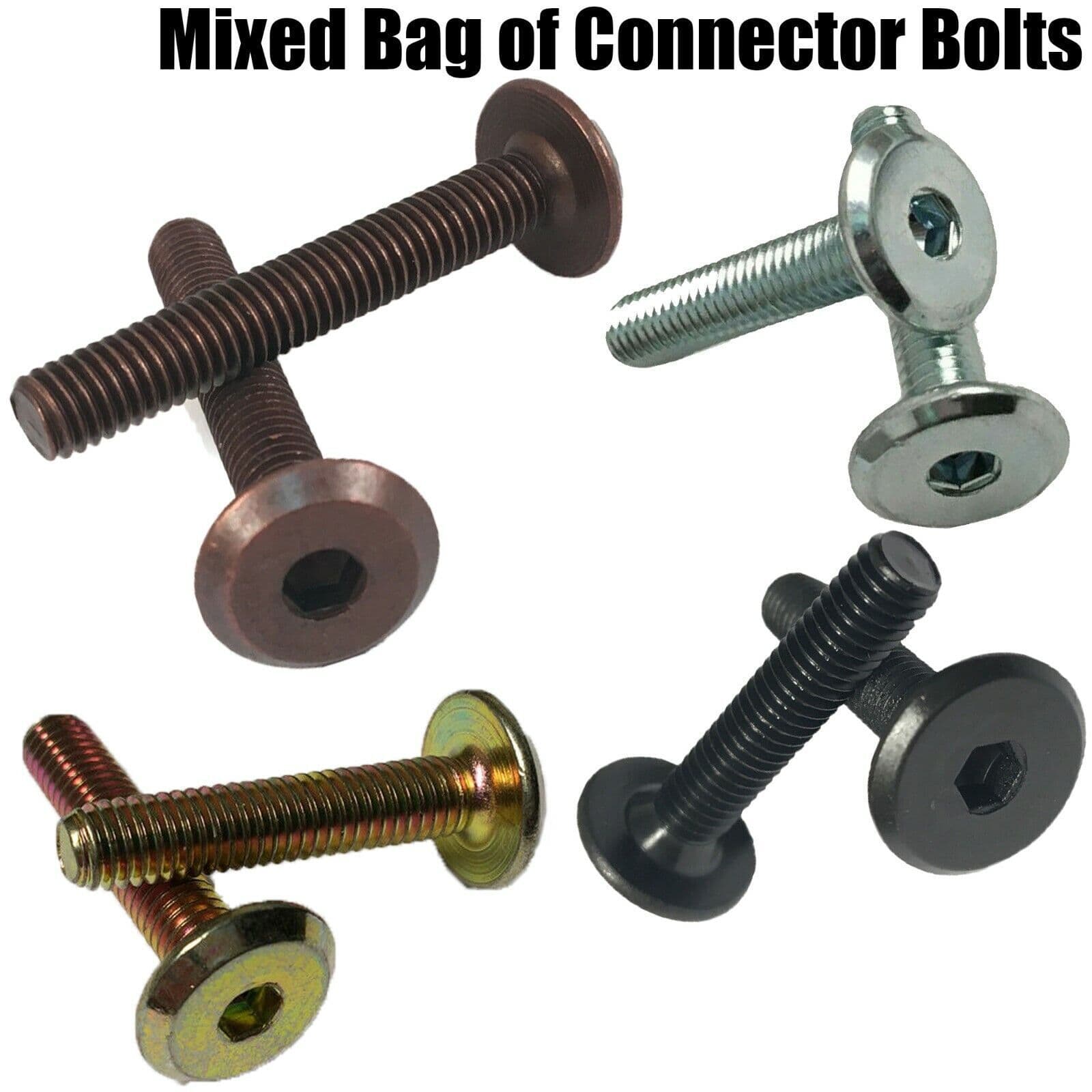 200g Mixed Bag of M6 M8 Furniture Connector Bolts Black Yellow Bronze