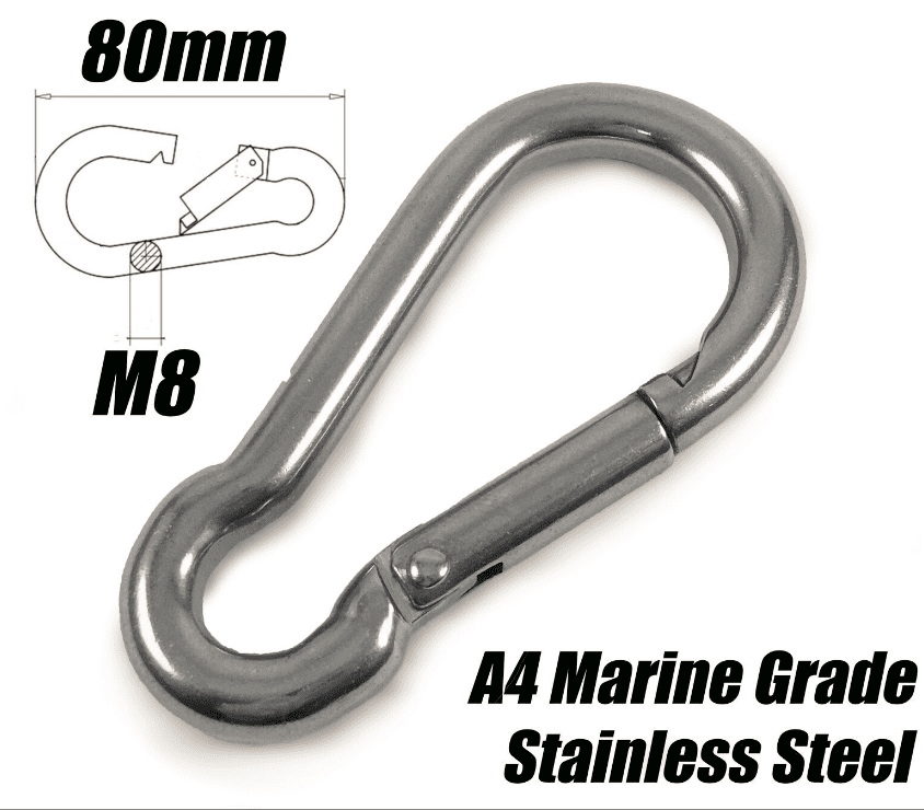 A4 Marine Grade Stainless Steel Carabiner Spring Hook Clips M8X80mm