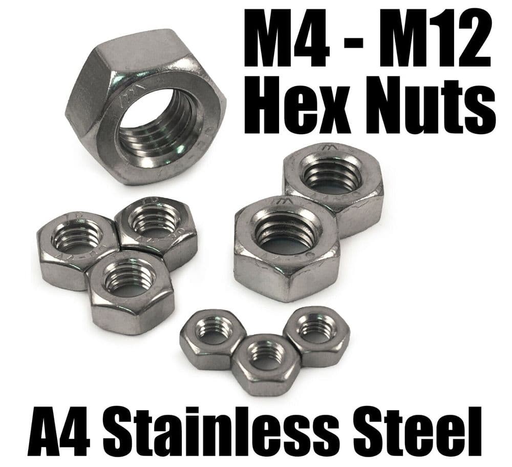 A4 Stainless Steel Hexagon Hex Full Nuts M4 M5 M6 M8 M10 M12 Standard Pitch