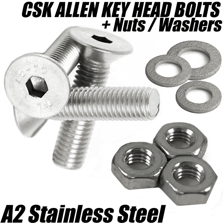 M16 A2 Stainless Steel Countersunk Bolts + Full Hex Nuts & Washers