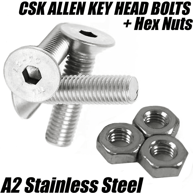 M4 A2 Stainless Steel Countersunk Screws Socket Bolts w/ Full Hex Nuts