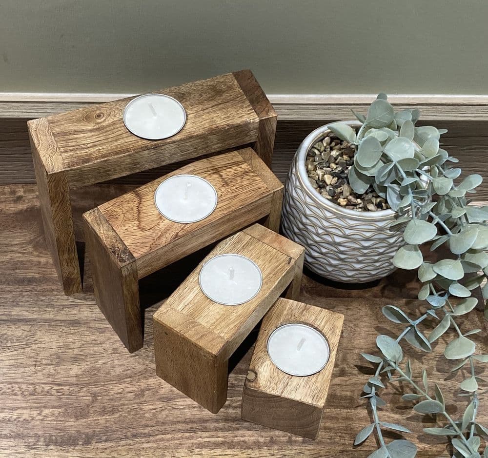S/4 BRIDGE MANGO WOOD PILLAR CANDLE HOLDERS