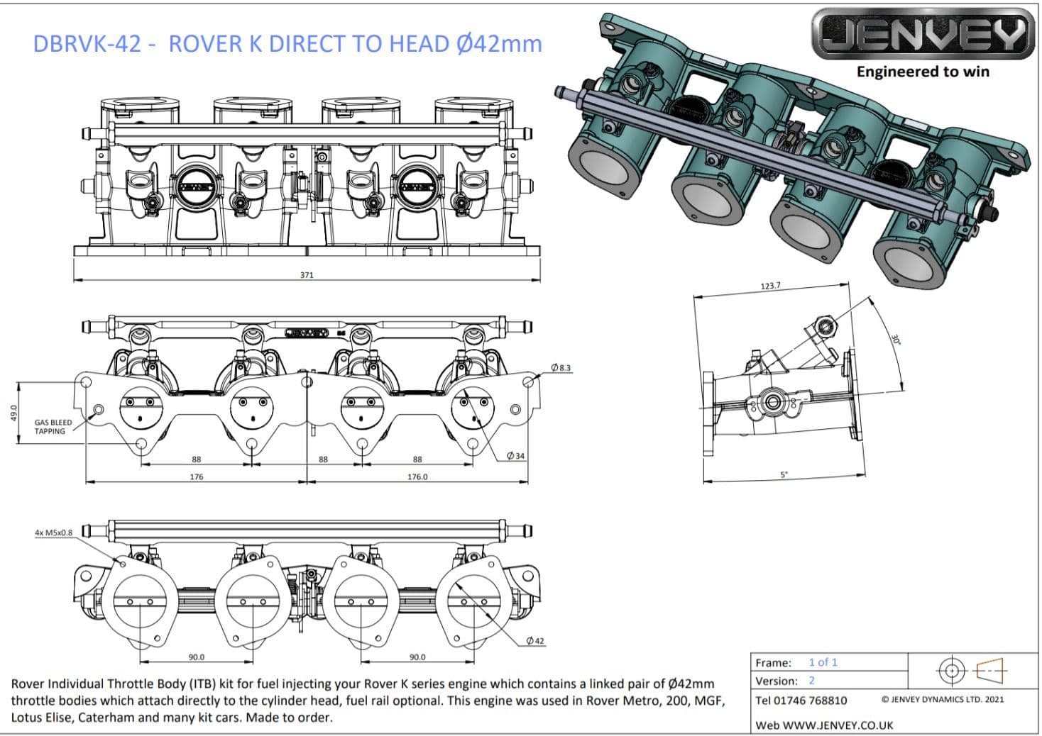 Jenvey Throttle Body Kit Rover K Series Direct To Head 42mm | Advanced ...