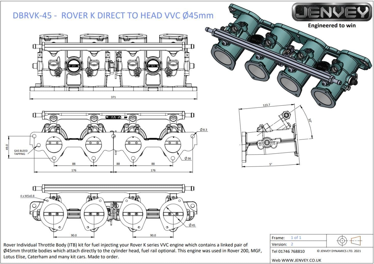 Jenvey Throttle Body Kit Rover K Series VVC Direct To Head 45mm ...