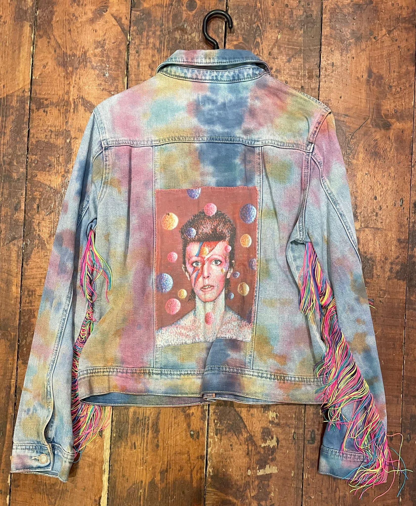 David Bowie & x28;Ziggy Stardust& x29; Customised Tie Dye Denim Jacket UK Size Ladies 14