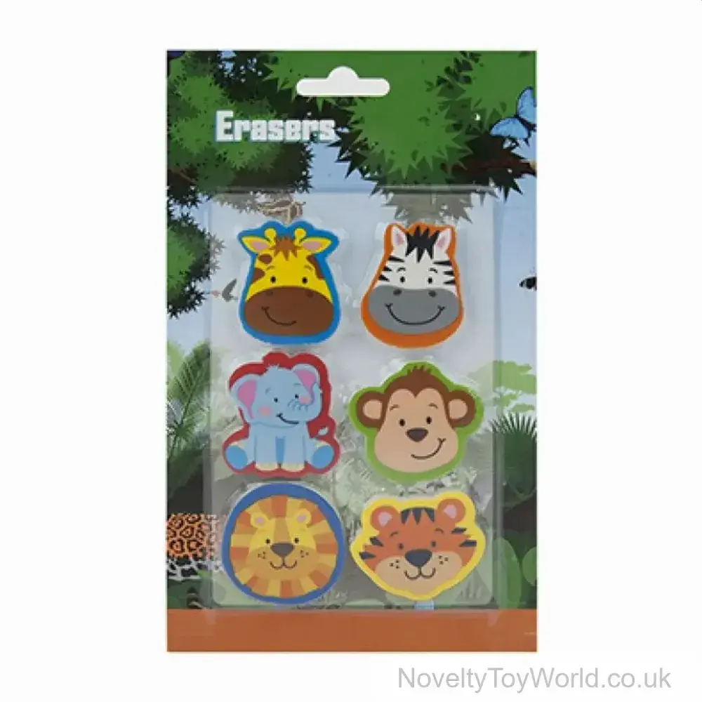 Set of 6 Zoo Animal Erasers - Boxed | Bulk Buy Stationery Gifts For Kids UK