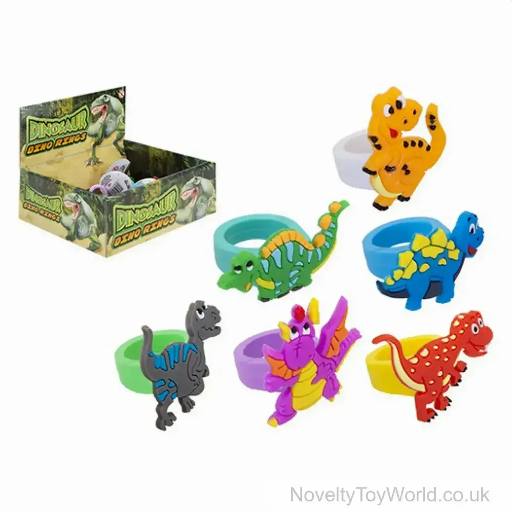 Bulk Buy | Soft Touch Dinosaur Dino Rings - 6 Assorted