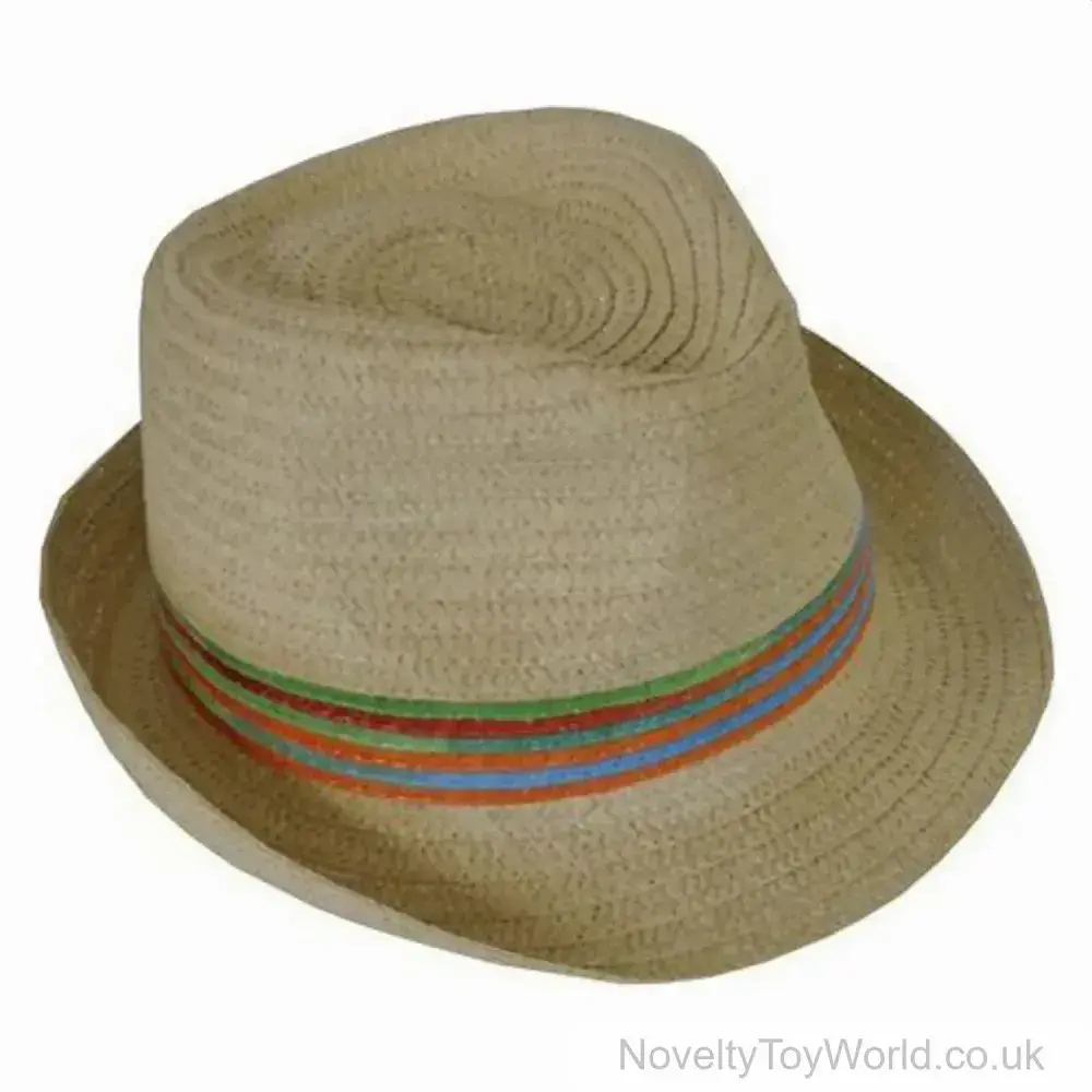 Straw Trilby Hat With Multicoloured Band - Adult Size