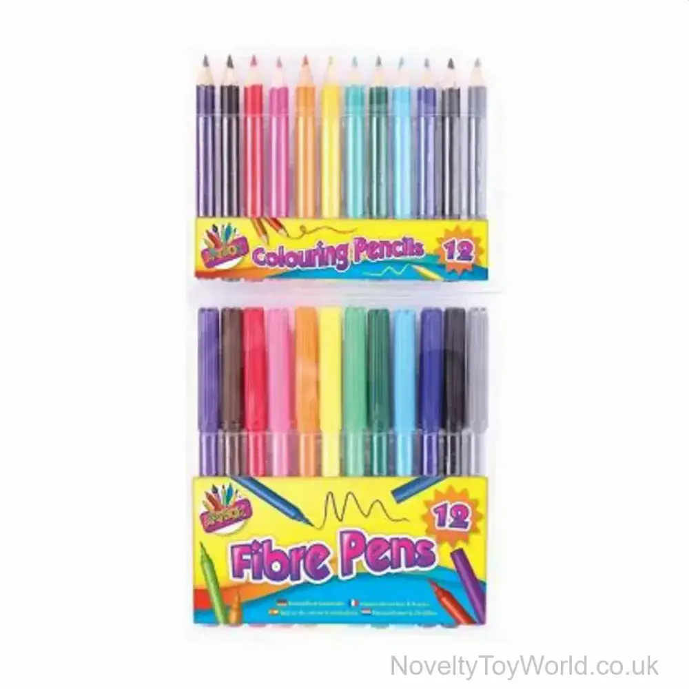 Twin Pack of 12 Felt Tip Pens & 12 Colouring Pencils | Wholesale
