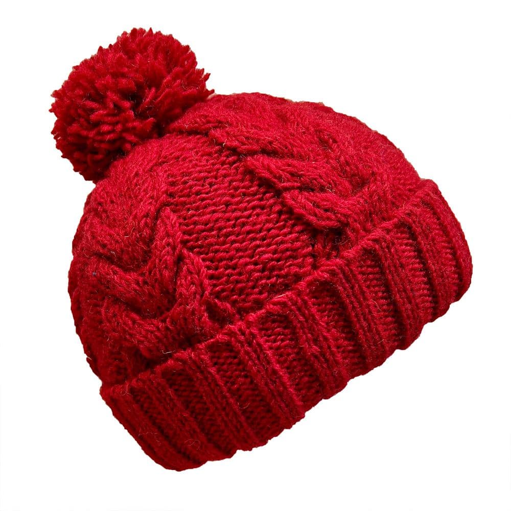 Chunky Cable Pattern Bobble Hat in Red