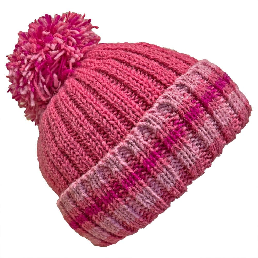 Chunky Rib Knit Bobble Hat in Pink with Pink Stripes