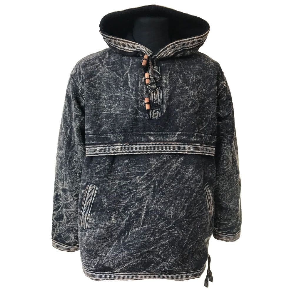 Fleece Lined Canvas Smock Hoody/Jacket in Black Stonewash